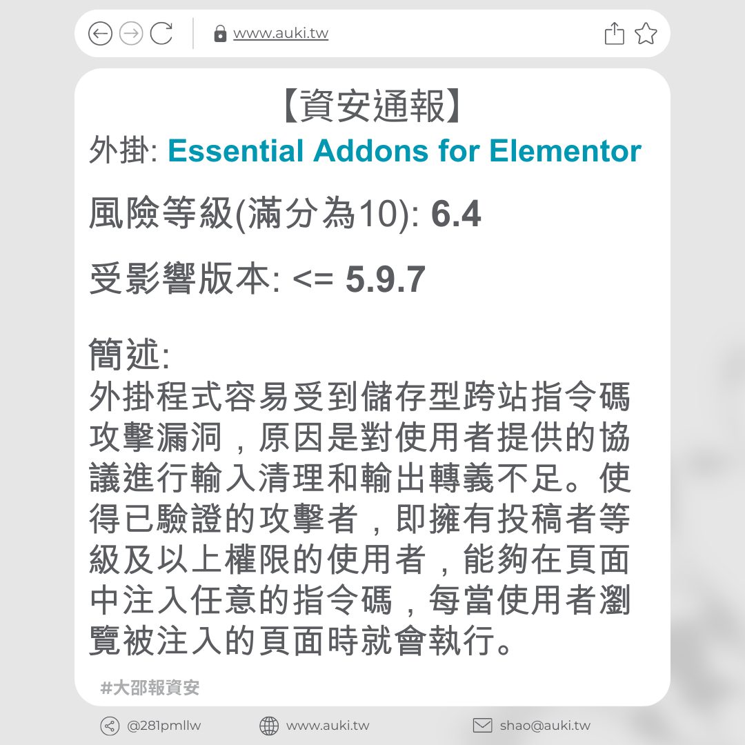 【資安通報】Essential Addons for Elementor – Auki