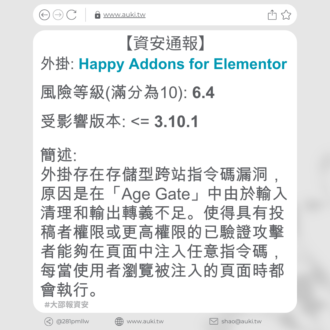 【資安通報】Happy Addons for Elementor – Auki